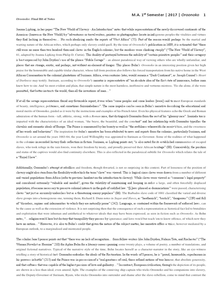 M.A. 1 Semester - 2017 - Oroonoko 1: Oroonoko: Final Bit of Notes | PDF