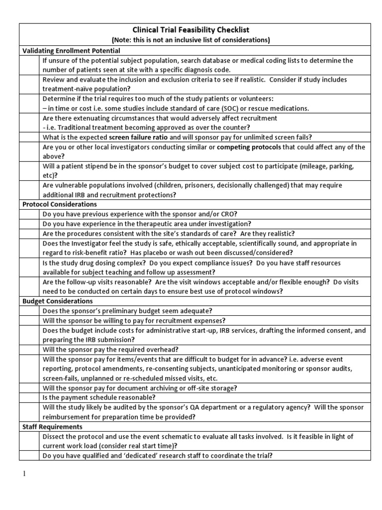 Clinical Trial Feasibility Checklist | PDF | Clinical Trial ...