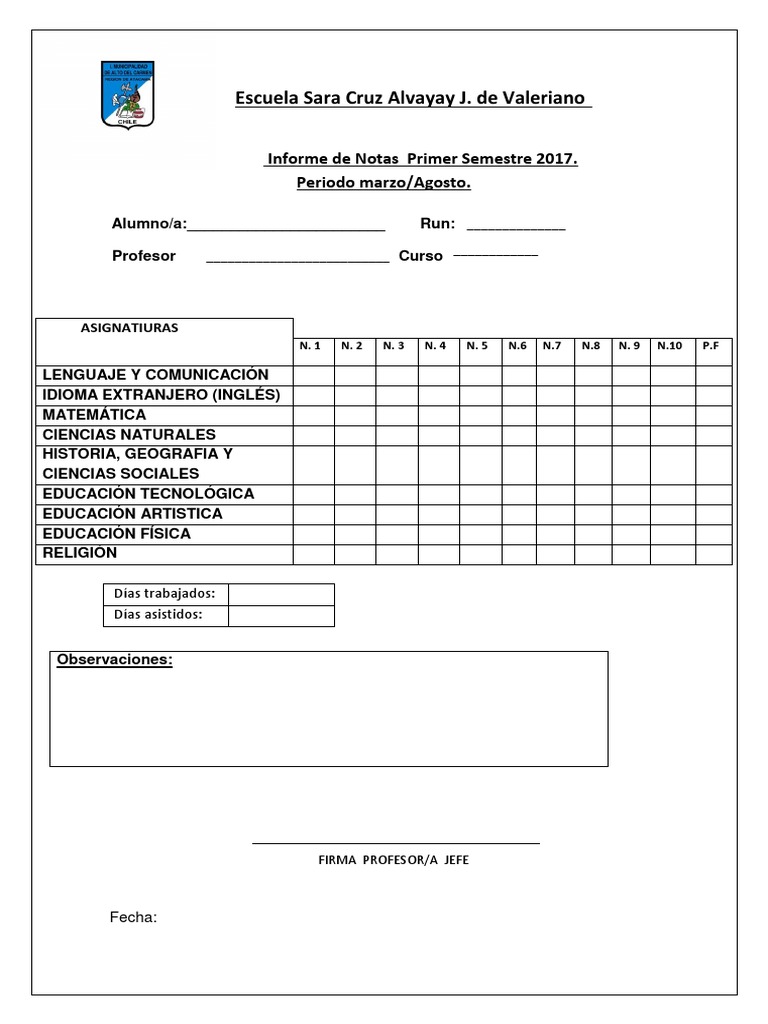 Informe De Notas Parciales Primer Semestre Manuel Rodriguez Pdf
