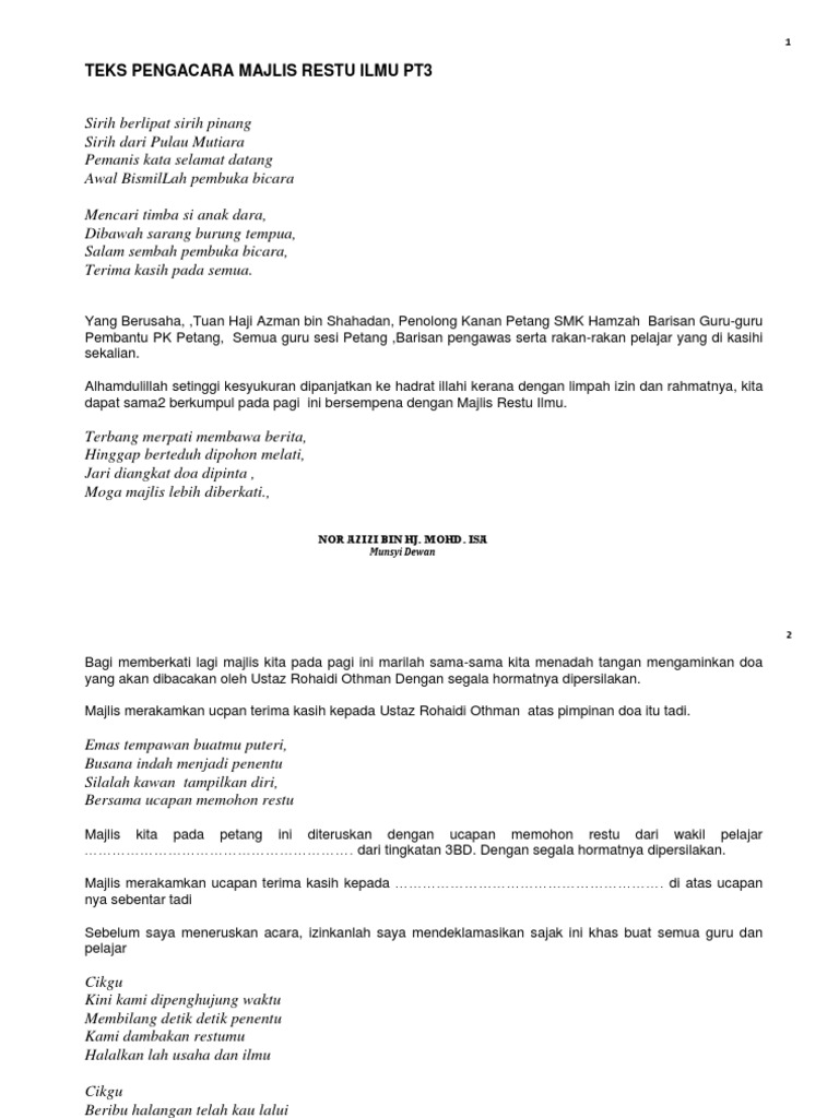 Teks Pengacara Majlis Mohon Restu PT3 | PDF