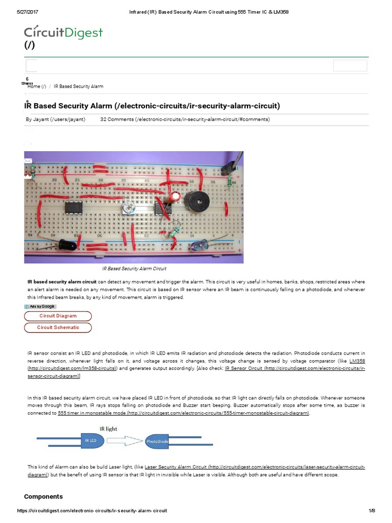 Infrared (IR) Based Security Alarm Circuit Using 555 Timer IC & LM358 | PDF | Infrared ...