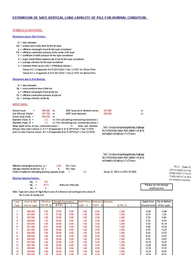 Estimation of Safe Vertical Load Capacity of Pile For Normal Condition ...