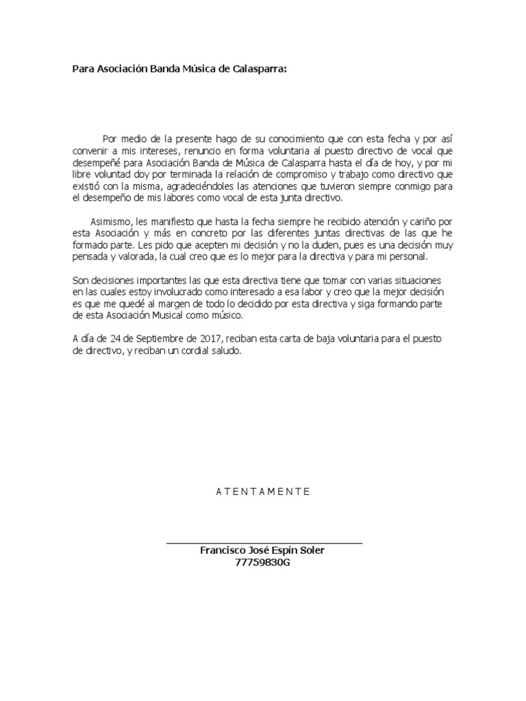 Carta Dimisión Directivo Francisco Espín