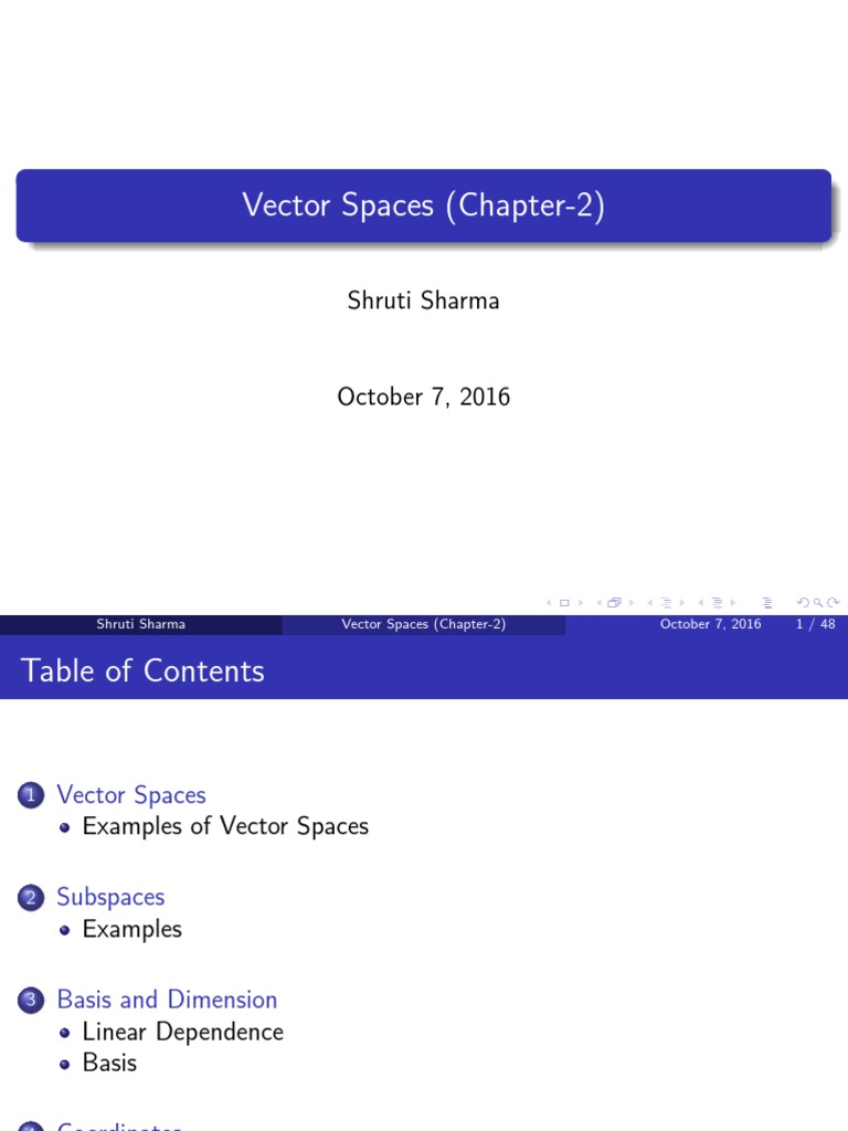 Vector Spaces (Chapter-2) : Shruti Sharma | PDF | Basis (Linear Algebra) | Linear Subspace