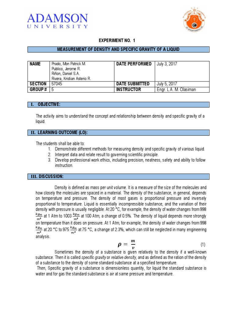 Density and Specific Gravity of Liquids | PDF | Density | Weight