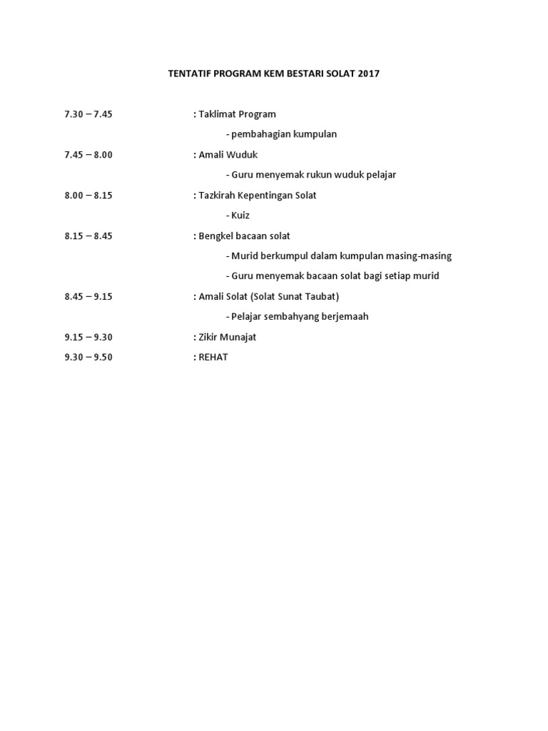 Tentatif Program Kem Bestari Solat 2017 | PDF