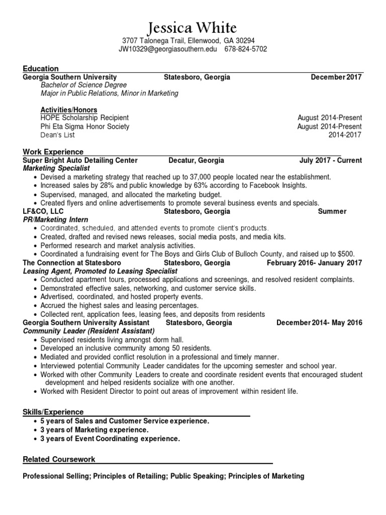 White Jessica Resume Sep2017 | PDF | Sales | Georgia (U.S. State)