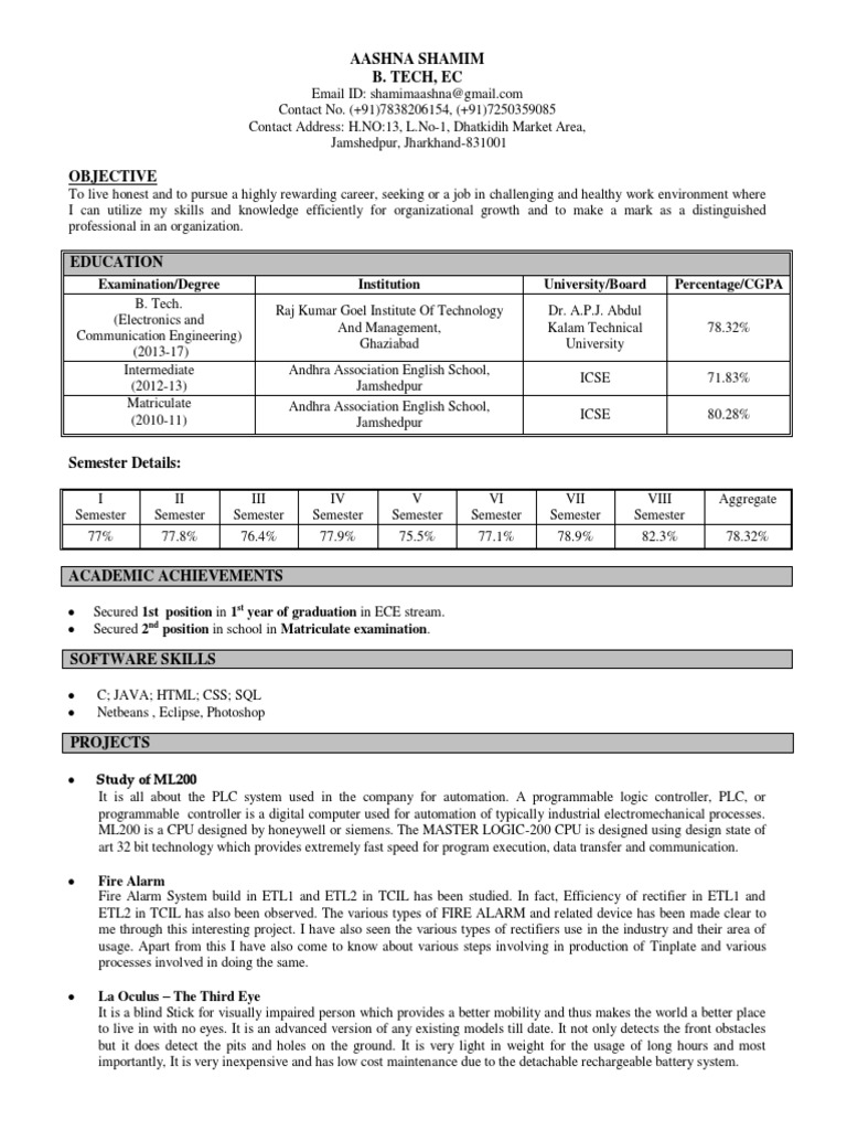 Aashna Shamim B. Tech, Ec: Examination/Degree Institution University/Board Percentage/CGPA | PDF ...
