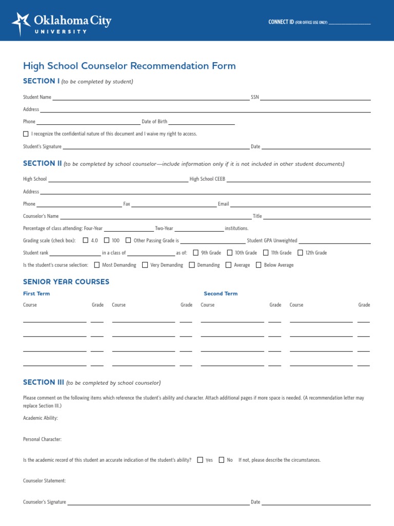 High School Counselor Recommendation Form: Section I | PDF | Learning ...