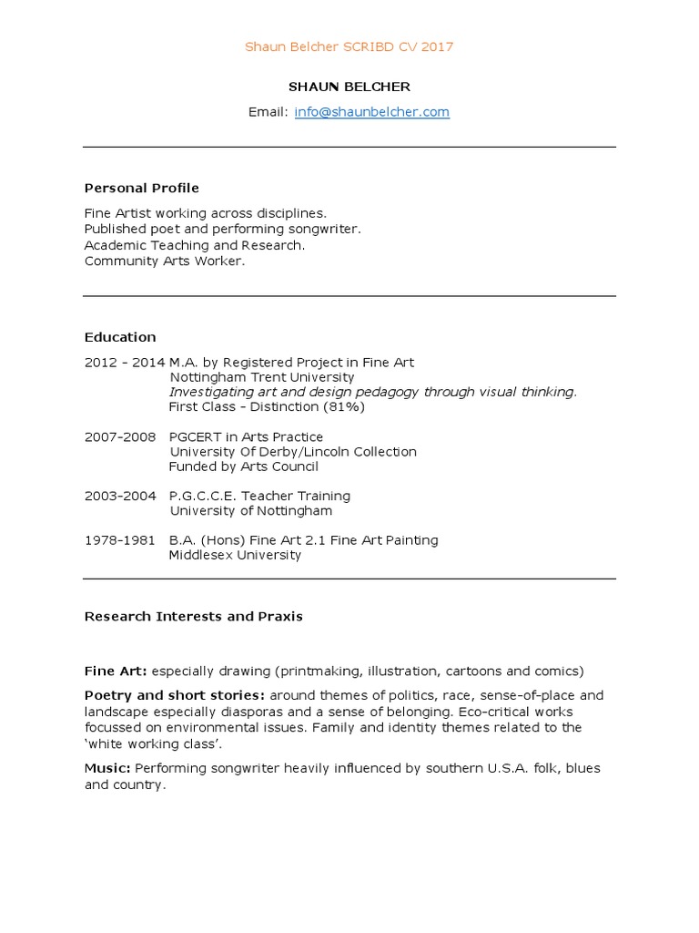 Shaun Belcher CV 2017 | PDF | Fine Art | Doctor Of Philosophy