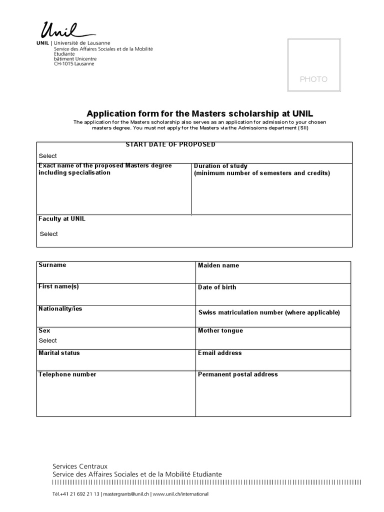 Application Form For The Masters Scholarship at UNIL: Photo | PDF ...