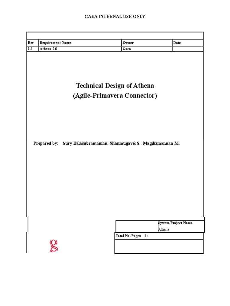 Technical Design of Athena (Agile-Primavera Connector) : Gaea Internal ...