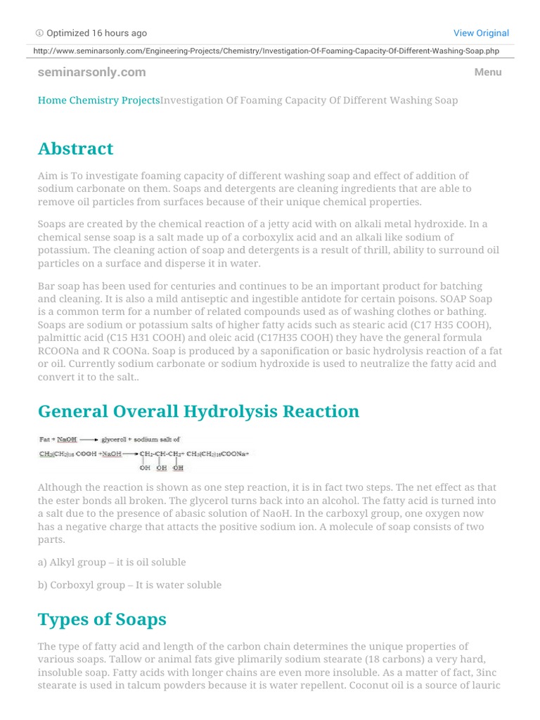 Investigation of Foaming Capacity of Different Washing Soap - Chemistry ...