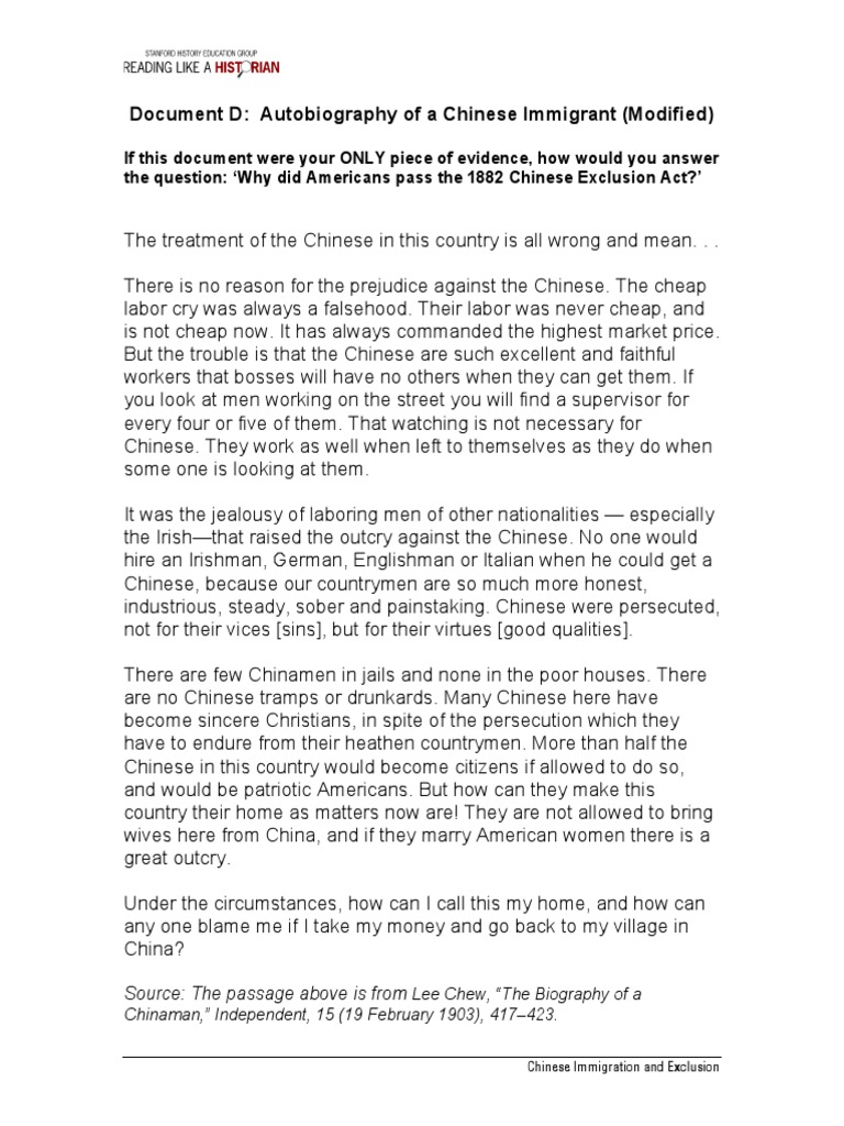 Document D: Autobiography of A Chinese Immigrant (Modified) | PDF | History