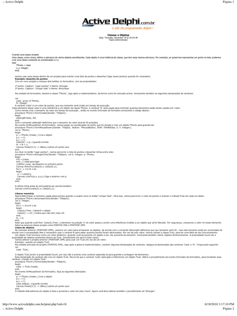 Delphi Classes E Objetos Download Grátis Pdf Estrutura De Dados De Matriz Programação De