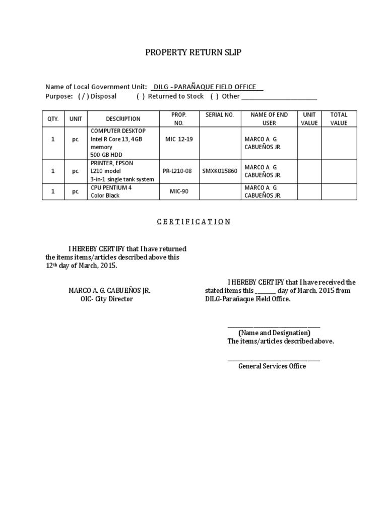 Property Return Slip | PDF