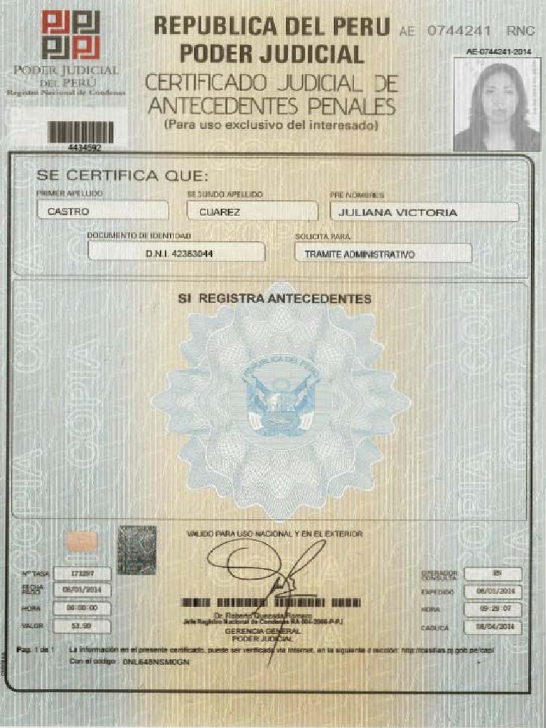 Certificado de Antecedentes Penales Perú | PDF