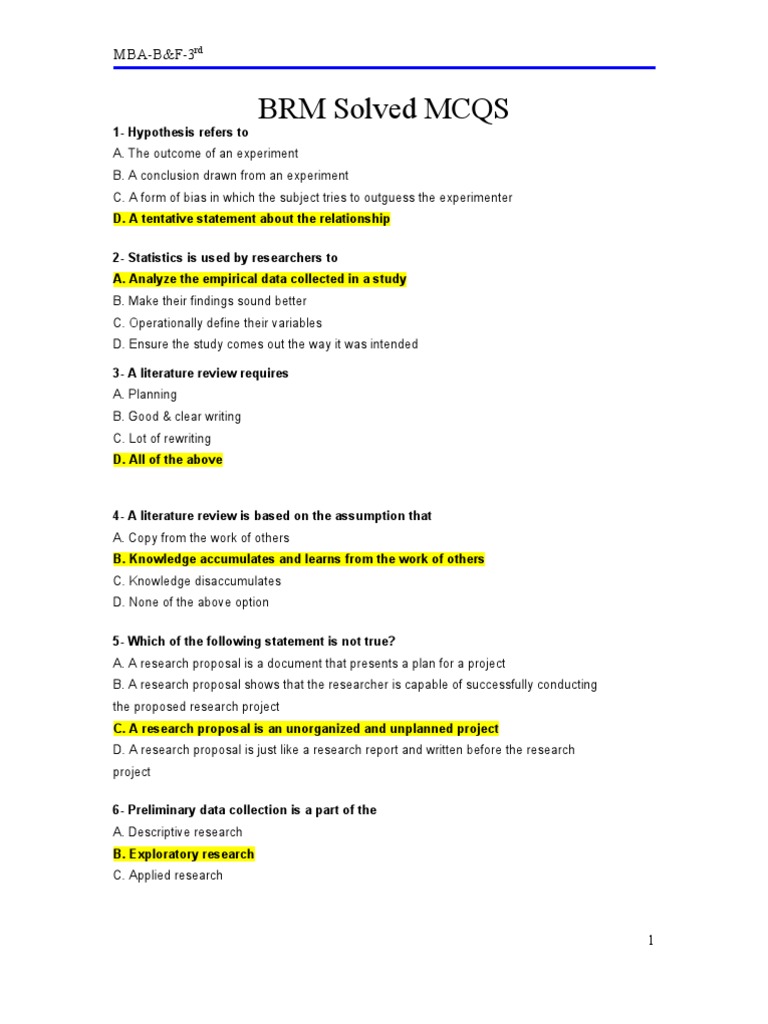 BRM Solved Mcqs | PDF | Sampling (Statistics) | Survey Methodology
