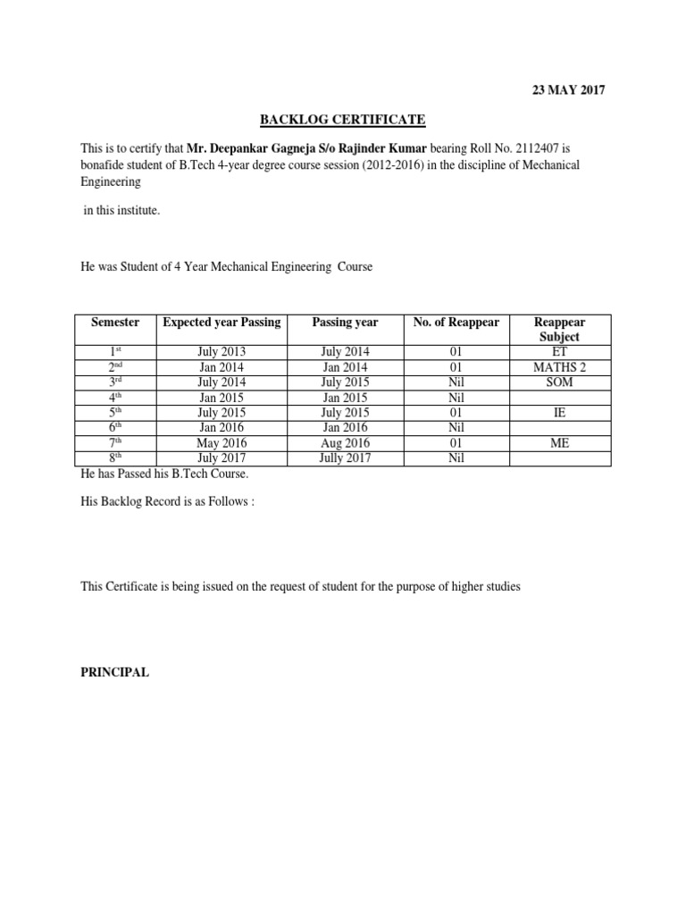 Backlog Certificate: ST ND RD TH TH TH TH TH | PDF