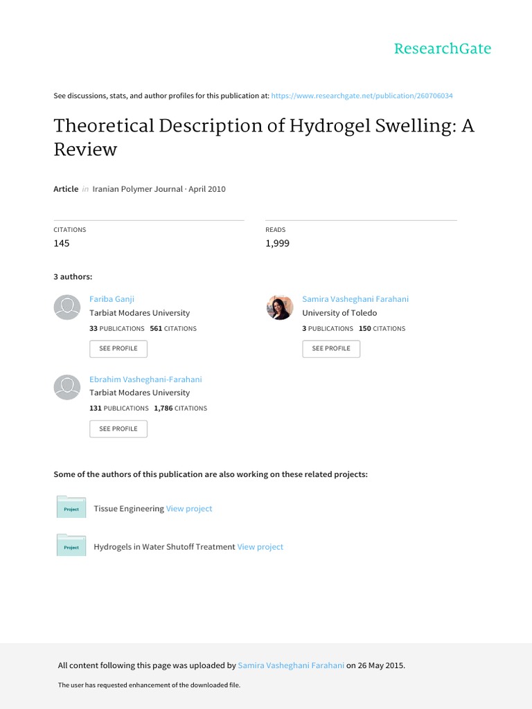 Hydrogel Swelling: Theoretical Review | PDF | Gel | Polymers