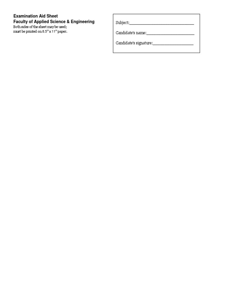Examination Aid Sheet Faculty of Applied Science & Engineering | PDF