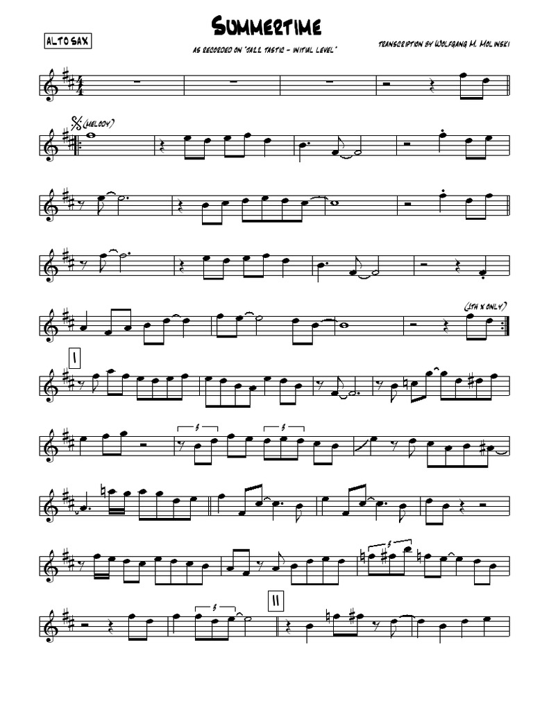 Summertime Alto Sax Transcription | PDF | Jazz | Saxophone