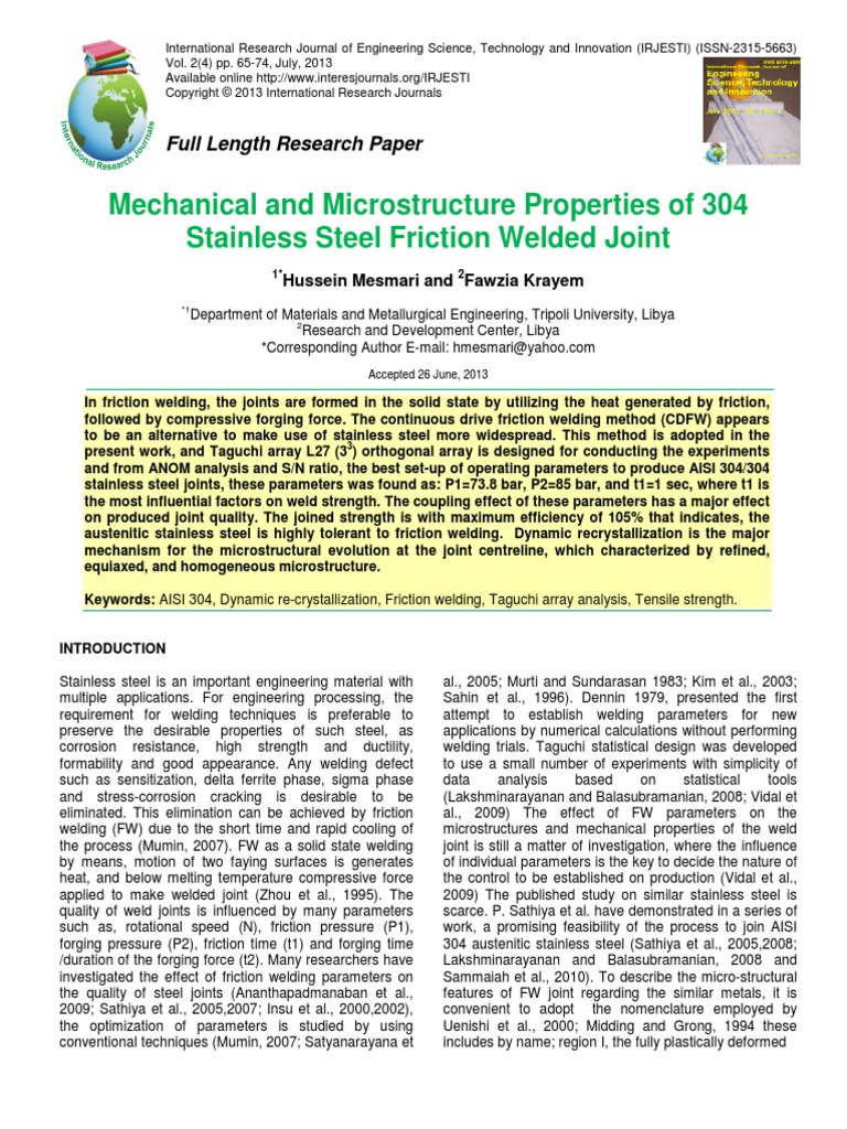 Mechanical and Microstructure Properties of 304 Stainless Steel ... Mechanical and Microstructure Properties of 304 Stainless Steel ...