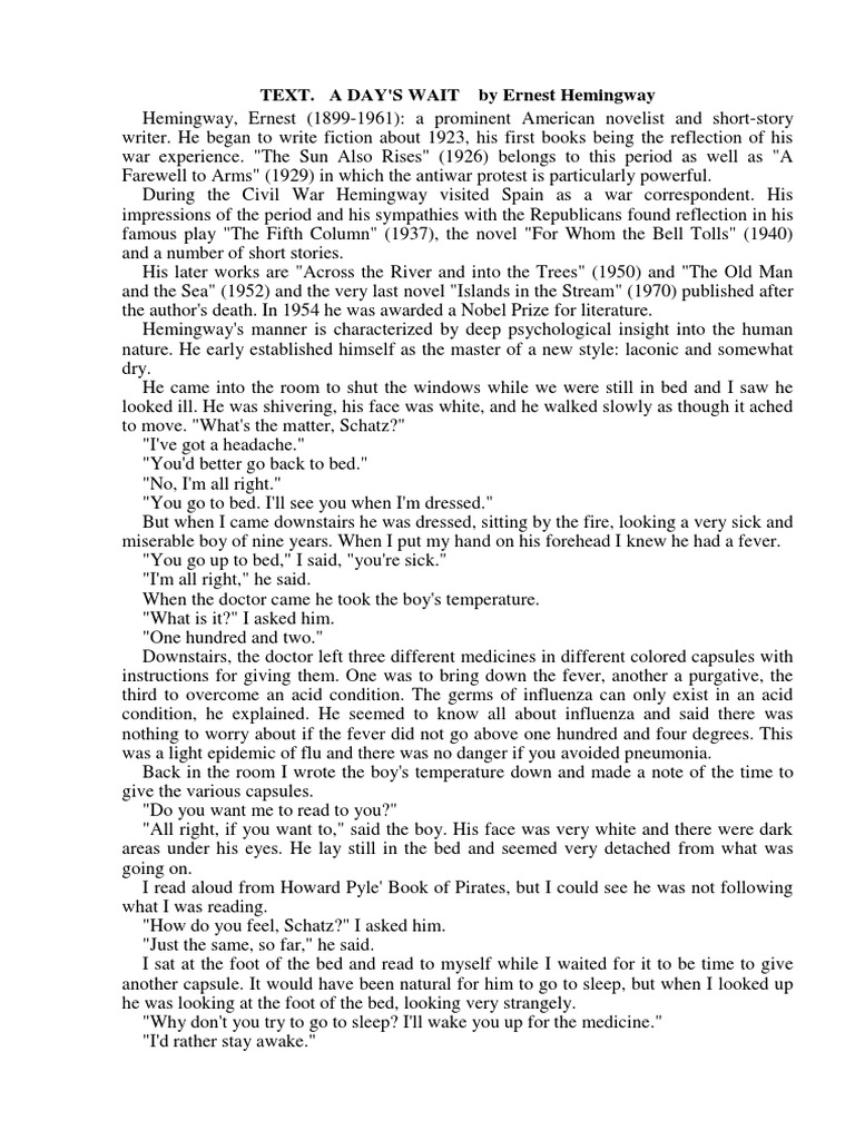 TEXT. A DAY'S WAIT by Ernest Hemingway | PDF | Ernest Hemingway