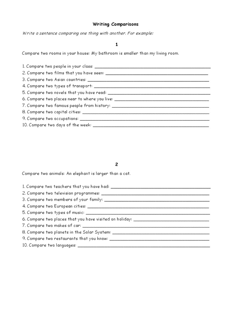 Write A Sentence Comparing One Thing With Another. For Example | PDF ...