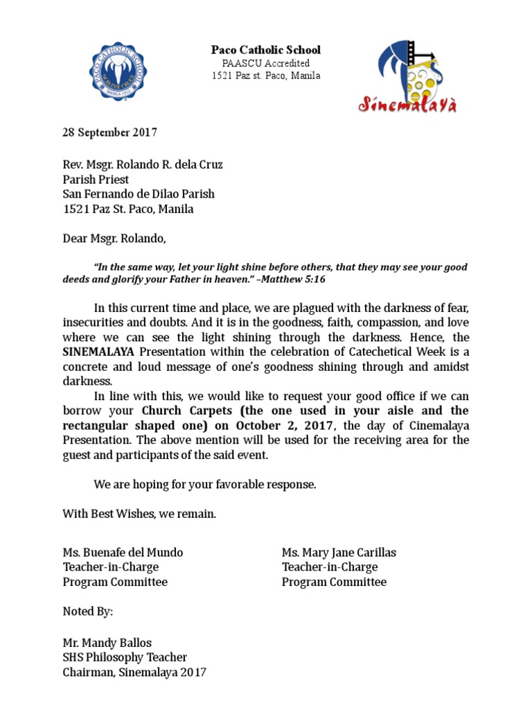 Cinemalaya 2017 Programs Committee Request Letter | PDF | Catholic ...