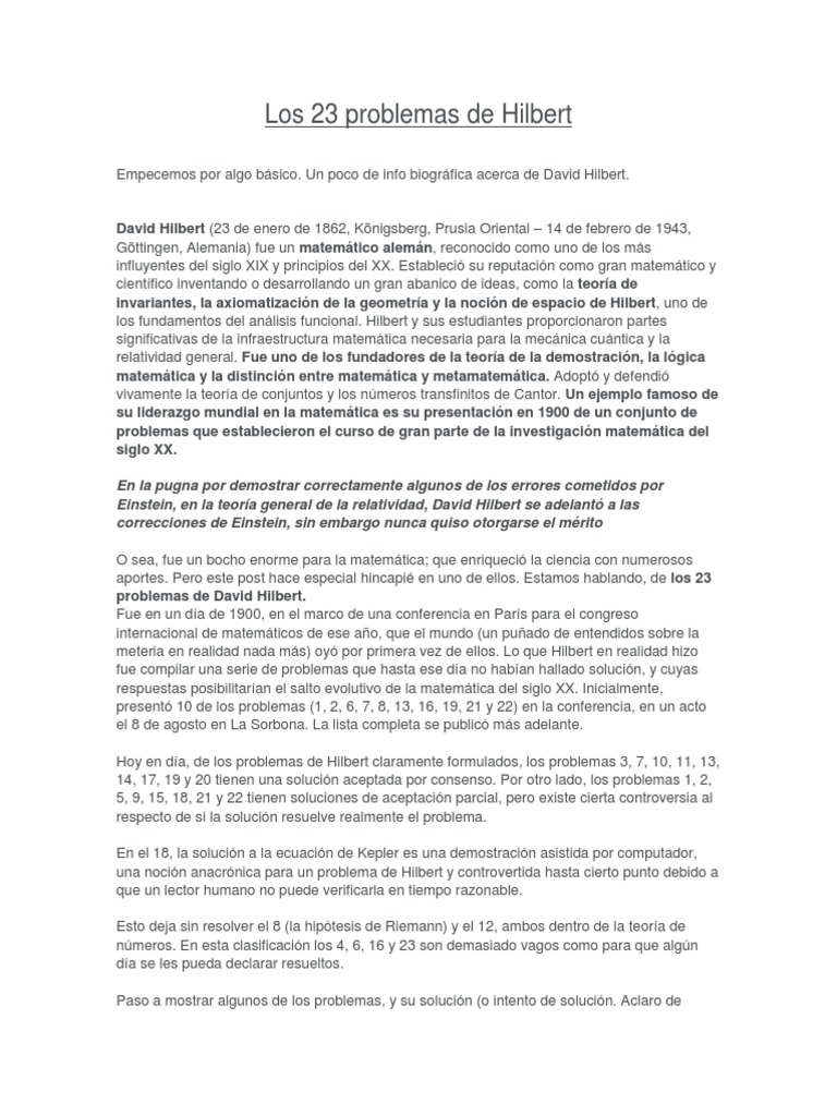 Los 23 Problemas de Hilbert | PDF | Conceptos matemáticos | Enseñanza ...