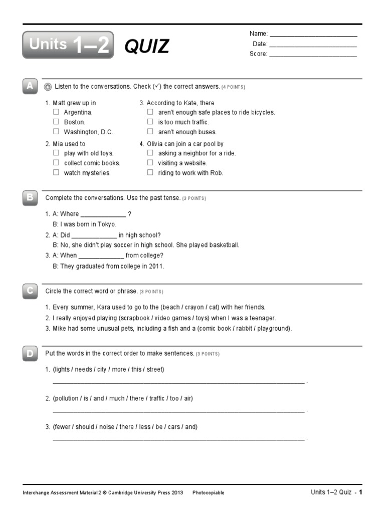 Quiz Units 1-2 | PDF | Question | Syntax Quiz Units 1-2 | PDF | Question | Syntax