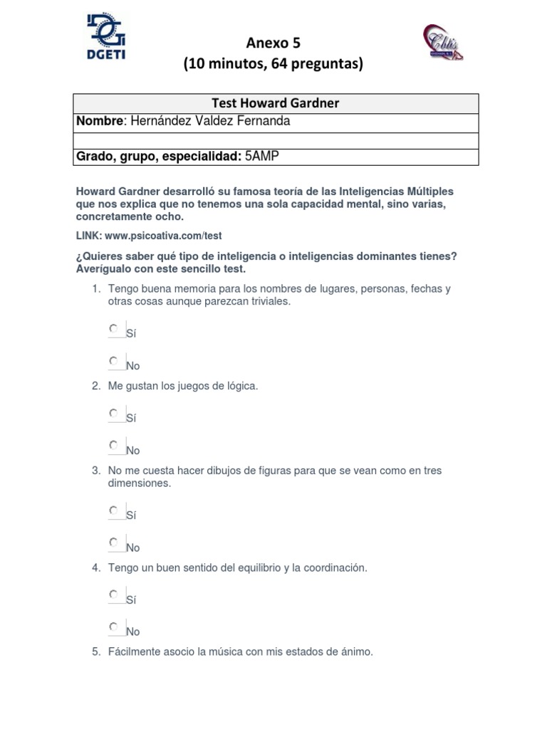 Test de Howard Gardner | Descargar gratis PDF | Sicología | Ocio