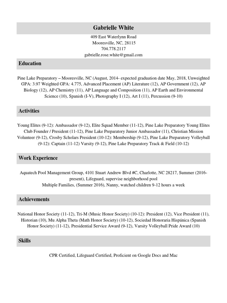 High School Resume of Gabrielle White | PDF