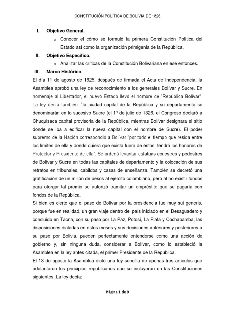 Constitución de Bolivia 1826: Análisis y Contexto | PDF | Constitución ...