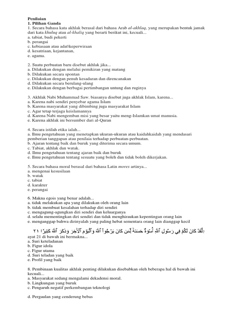 Soal Latihan Akidah Bab Akhlak Kels X | PDF