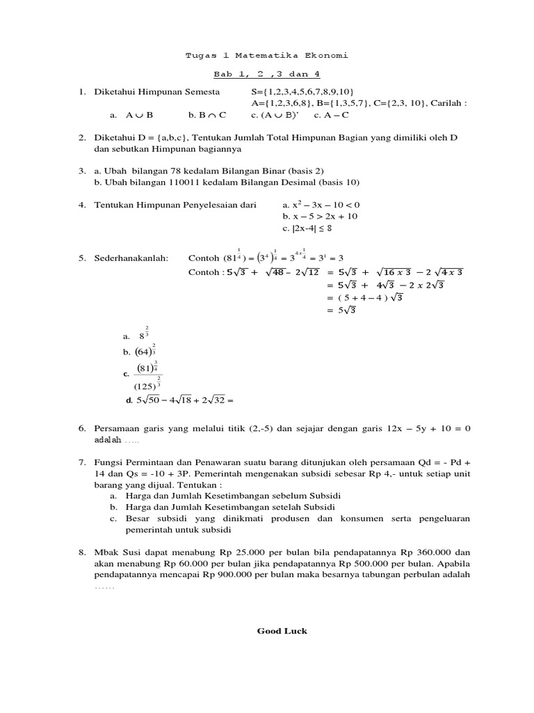 Tugas 1 Matematika Ekonomi | PDF
