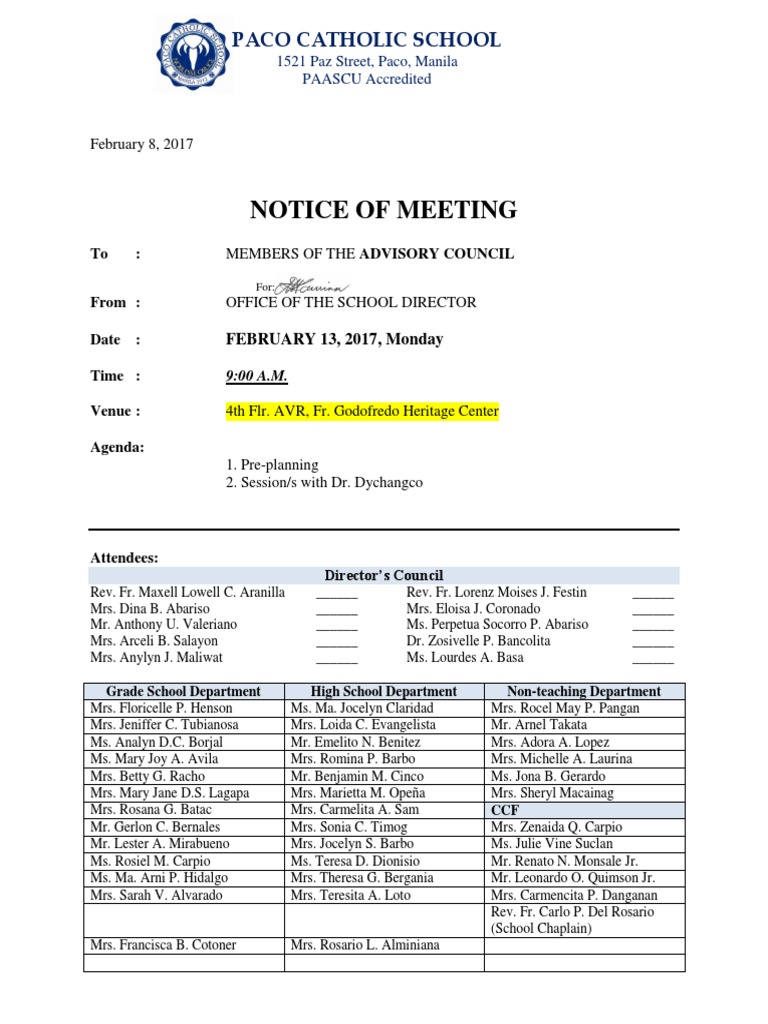 Notice of Meeting Advisory Council - Rev.