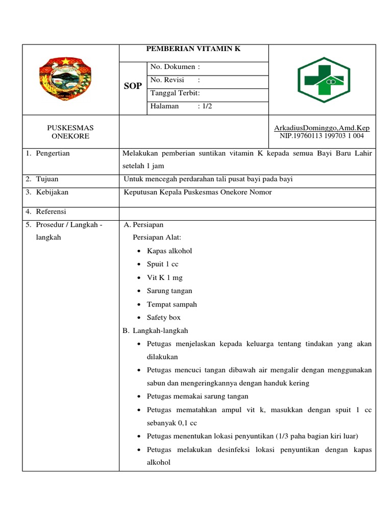 Sop Pemberian Vitamin K | PDF