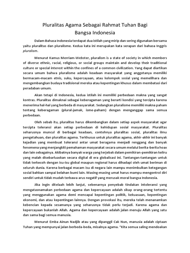 Pluralitas Agama Sebagai Rahmat Tuhan Bagi Bangsa Indonesia | PDF ...