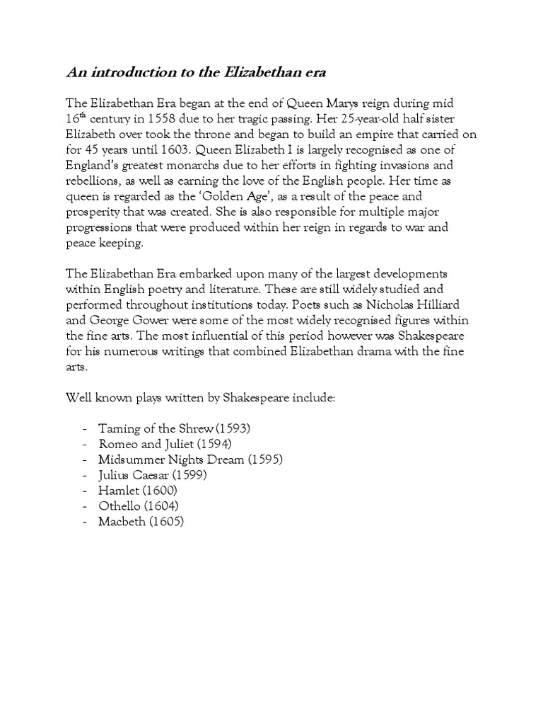 The Elizabethan Era and Shakespeare | PDF | William Shakespeare ...