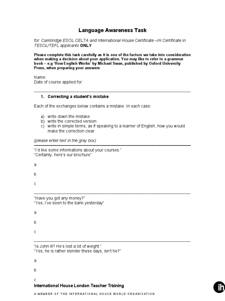 English Language Awareness Test | PDF | English As A Second Or Foreign ...