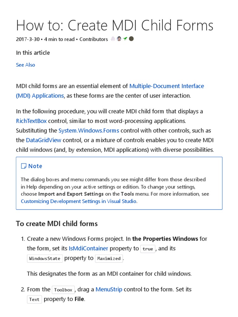 How To - Create MDI Child Forms - Microsoft Docs | PDF | Menu (Computing) | Microsoft Windows