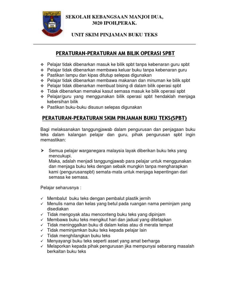 Peraturan Bilik Operasi SPBT Sekolah | PDF