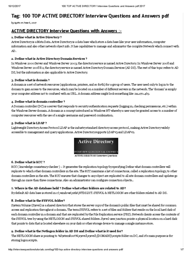 100 TOP ACTIVE DIRECTORY Interview Questions and Answers PDF 2017 | PDF ...