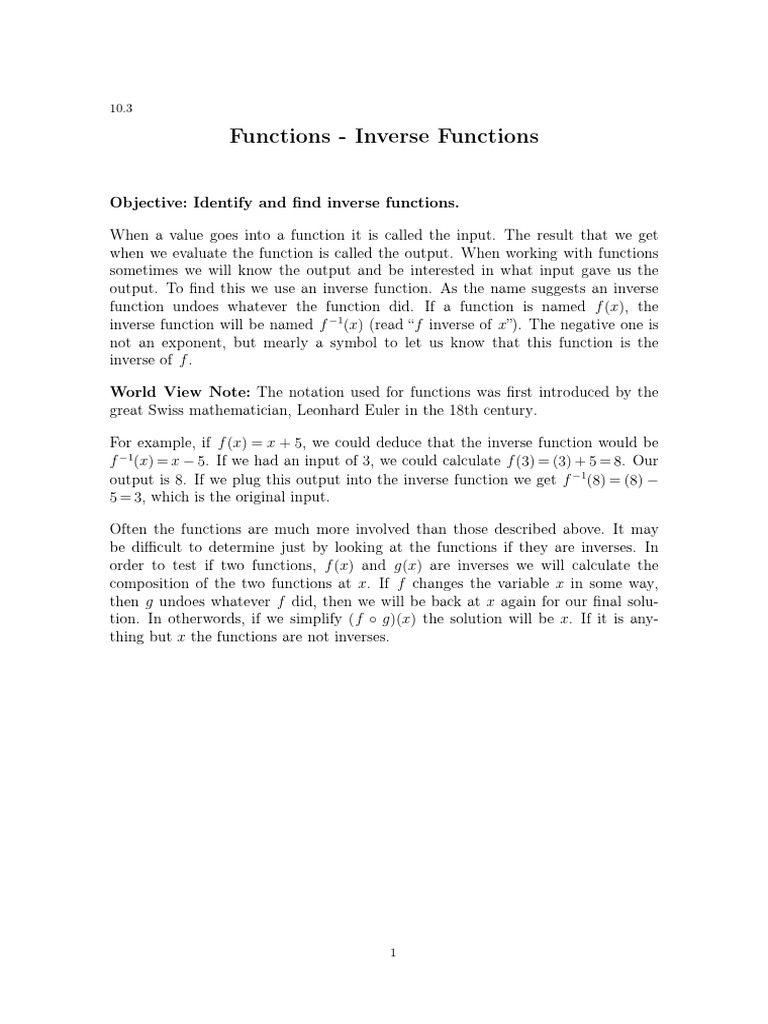 10.3 Inverse Functions PDF | PDF | Function (Mathematics) | Fraction ...