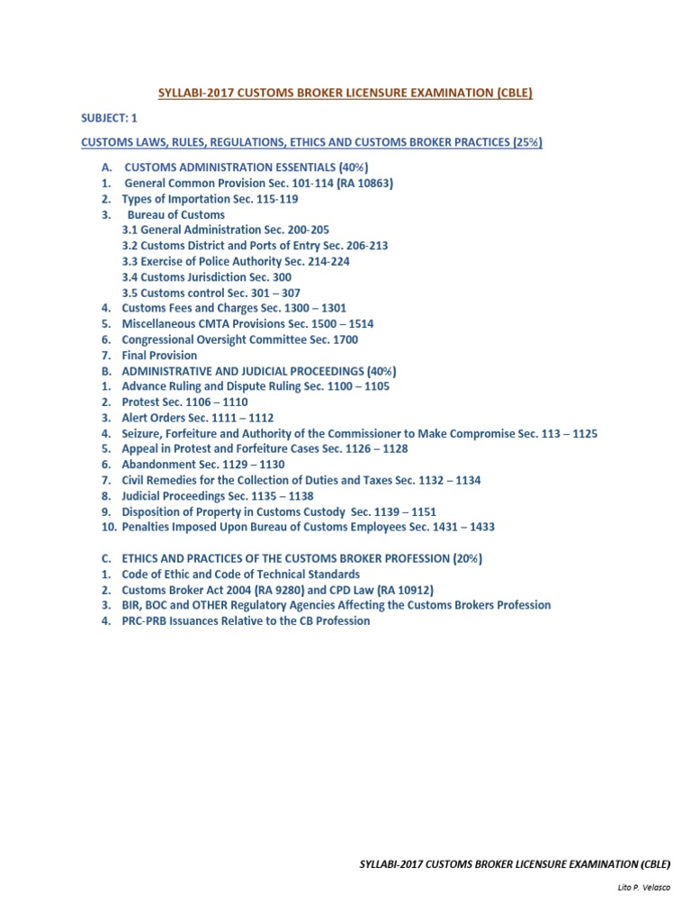 Syllabi-2017 Customs Broker Licensure Examination (CBLE) | PDF ...