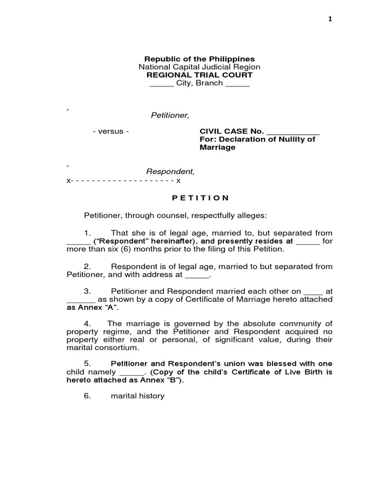 Sample Petition For Annulment | PDF | Annulment | Marriage