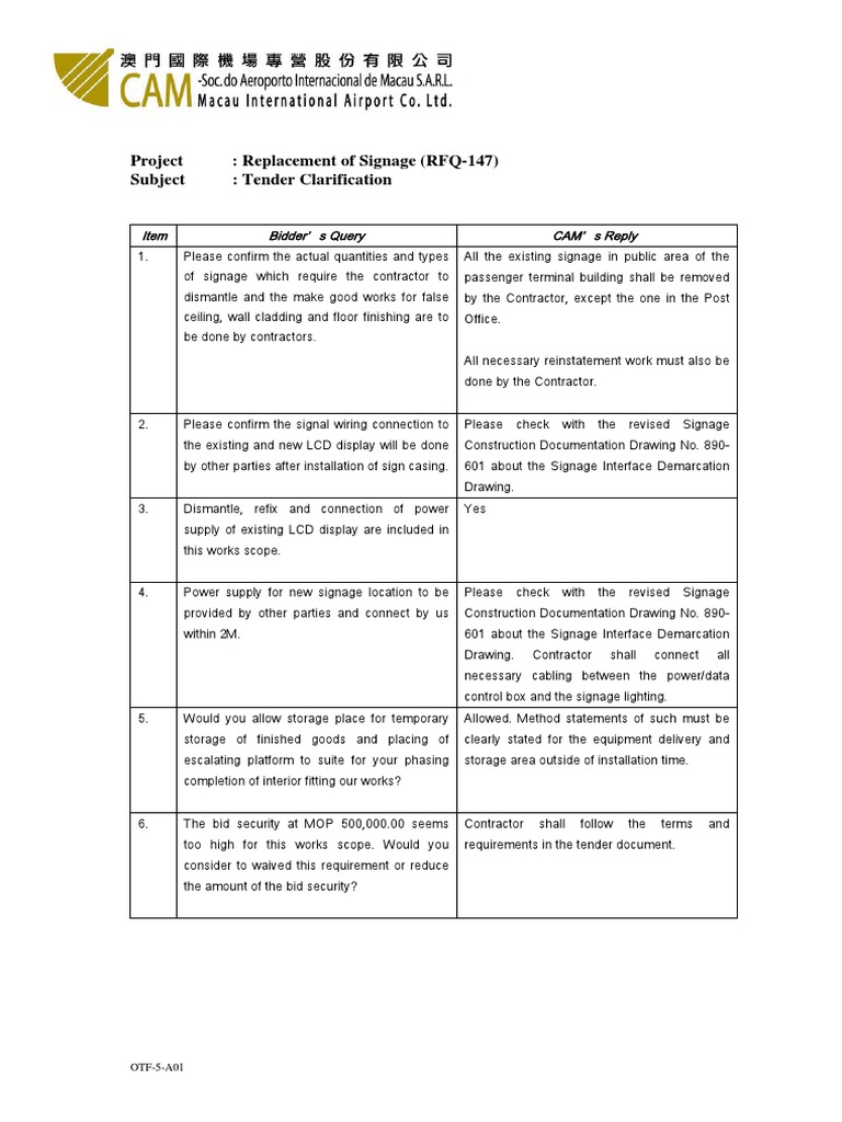 Project: Replacement of Signage (RFQ-147) Subject: Tender Clarification ...