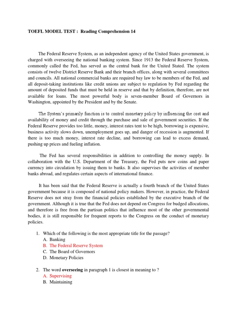 Reading Comprehension 14 | PDF | Federal Reserve System | Money